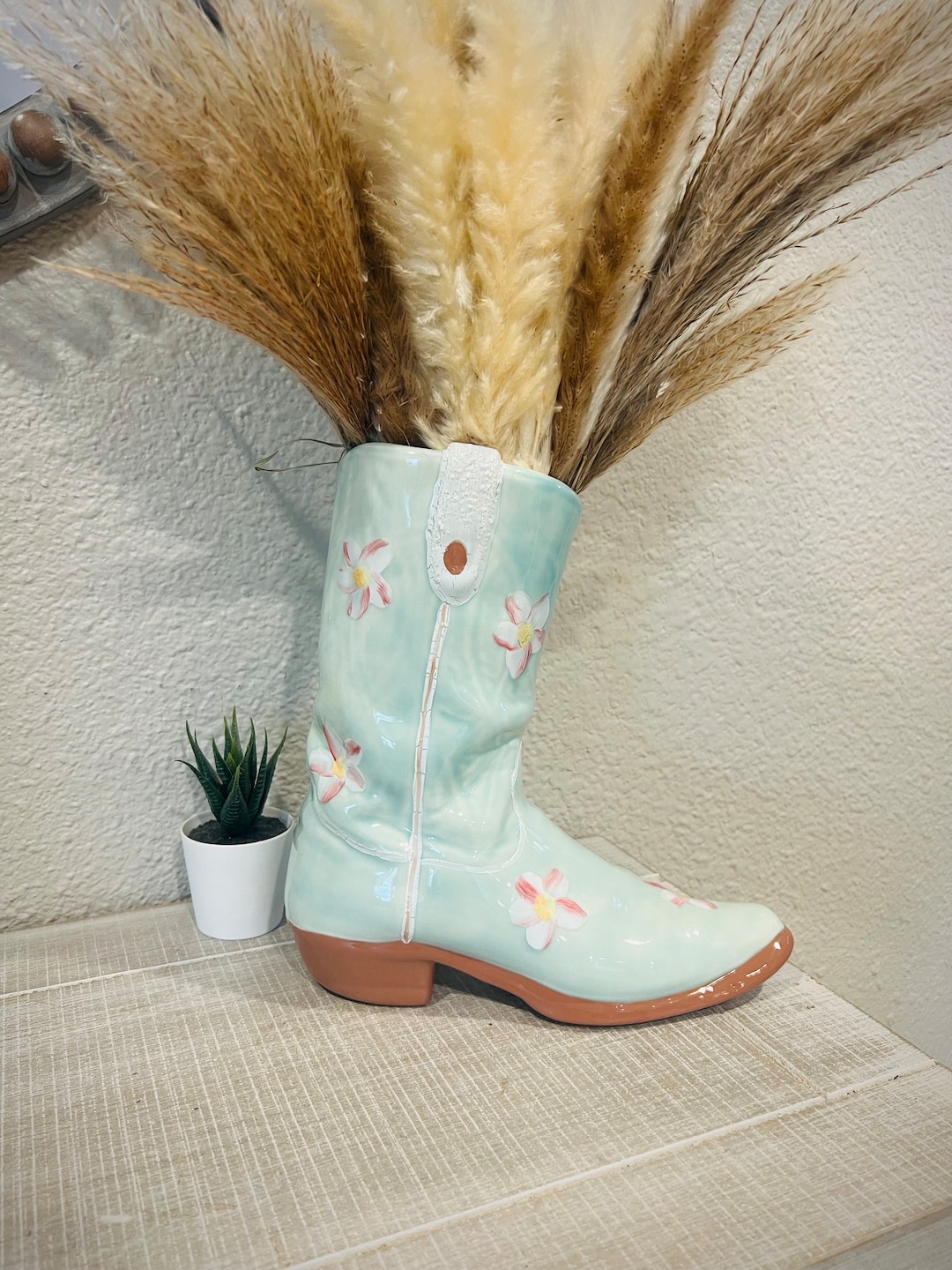 Hand Painted Ceramic Cowboy Boot Vase, Boho Decor, Neutral Cowboy Boot ...