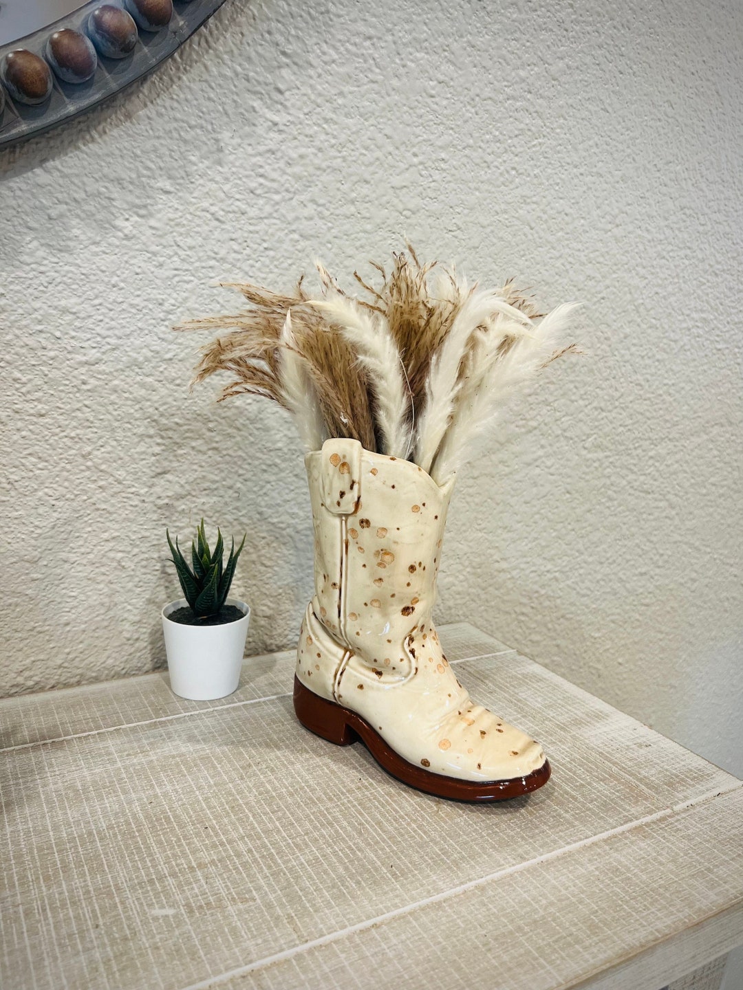 Hand Painted Ceramic Cowboy Boot Vase, Boho Decor, Neutral Cowboy Boot ...