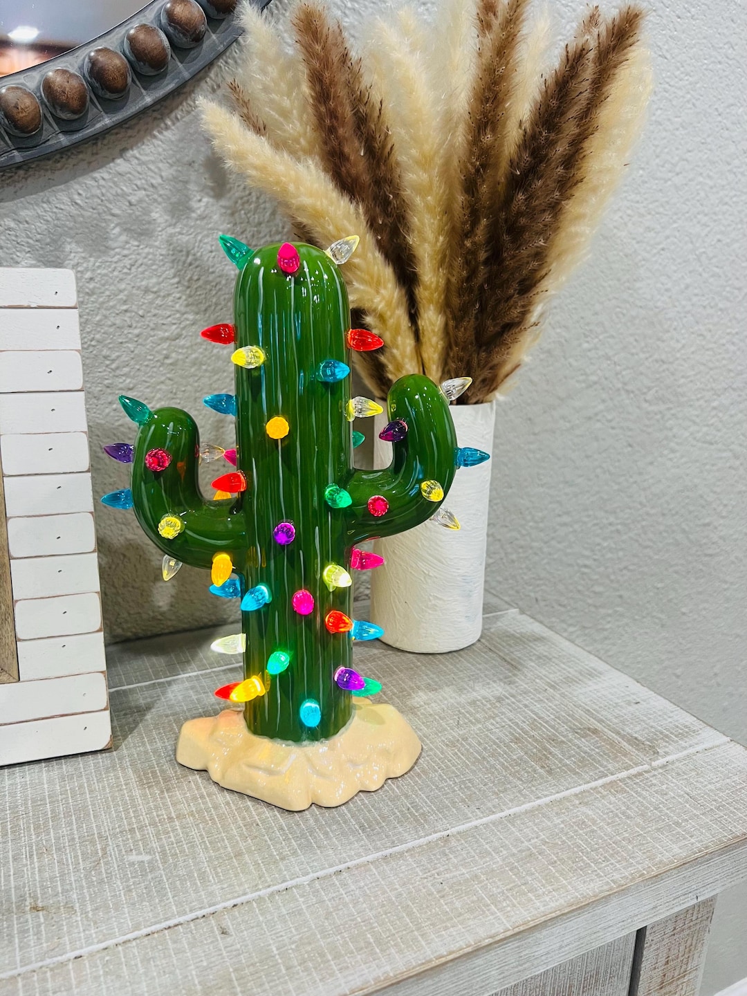 Ceramic Lighted Cactus, Green Christmas Cactus, Handpainted Boho Decor ...