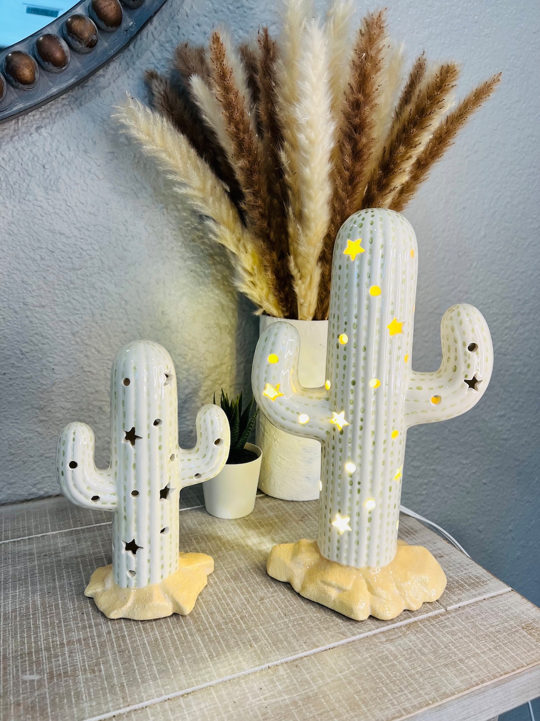Ceramic Lighted Cactus, Sage Green, Handpainted Boho Decor, Boho Cactus ...
