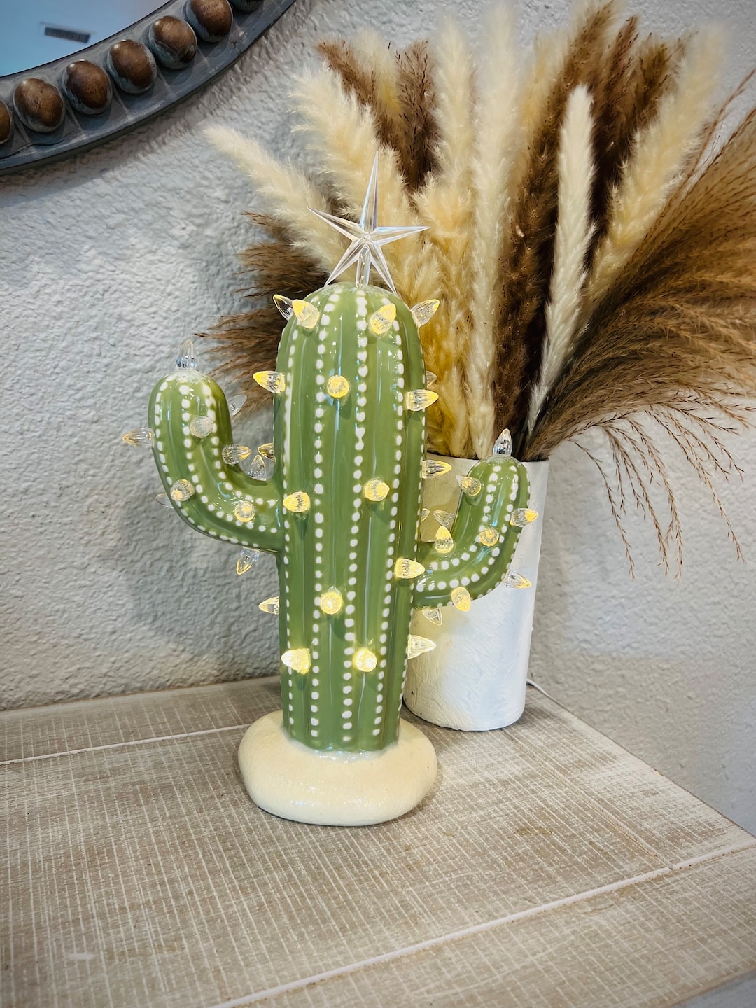 Light-up Ceramic Cactus Tree, Boho Decor, Sage Green - Clear Lights - Etsy