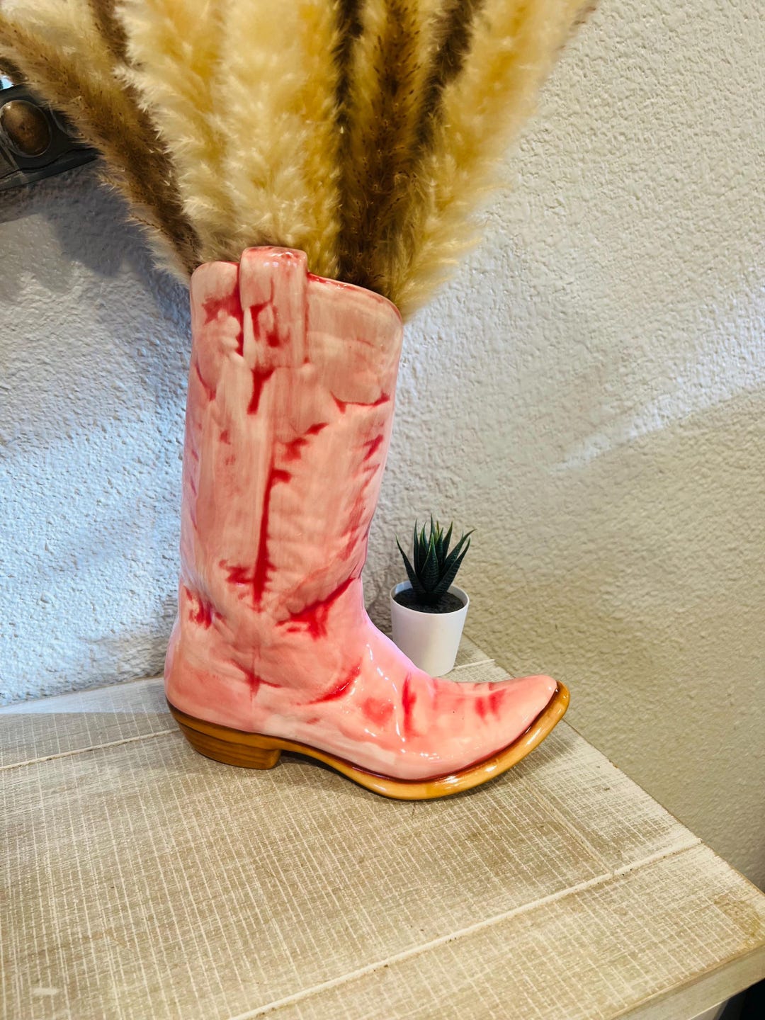 12" Cowboy Boot Vase, Handpainted Boot Vase, Boho Decor - Pink Cowboy ...