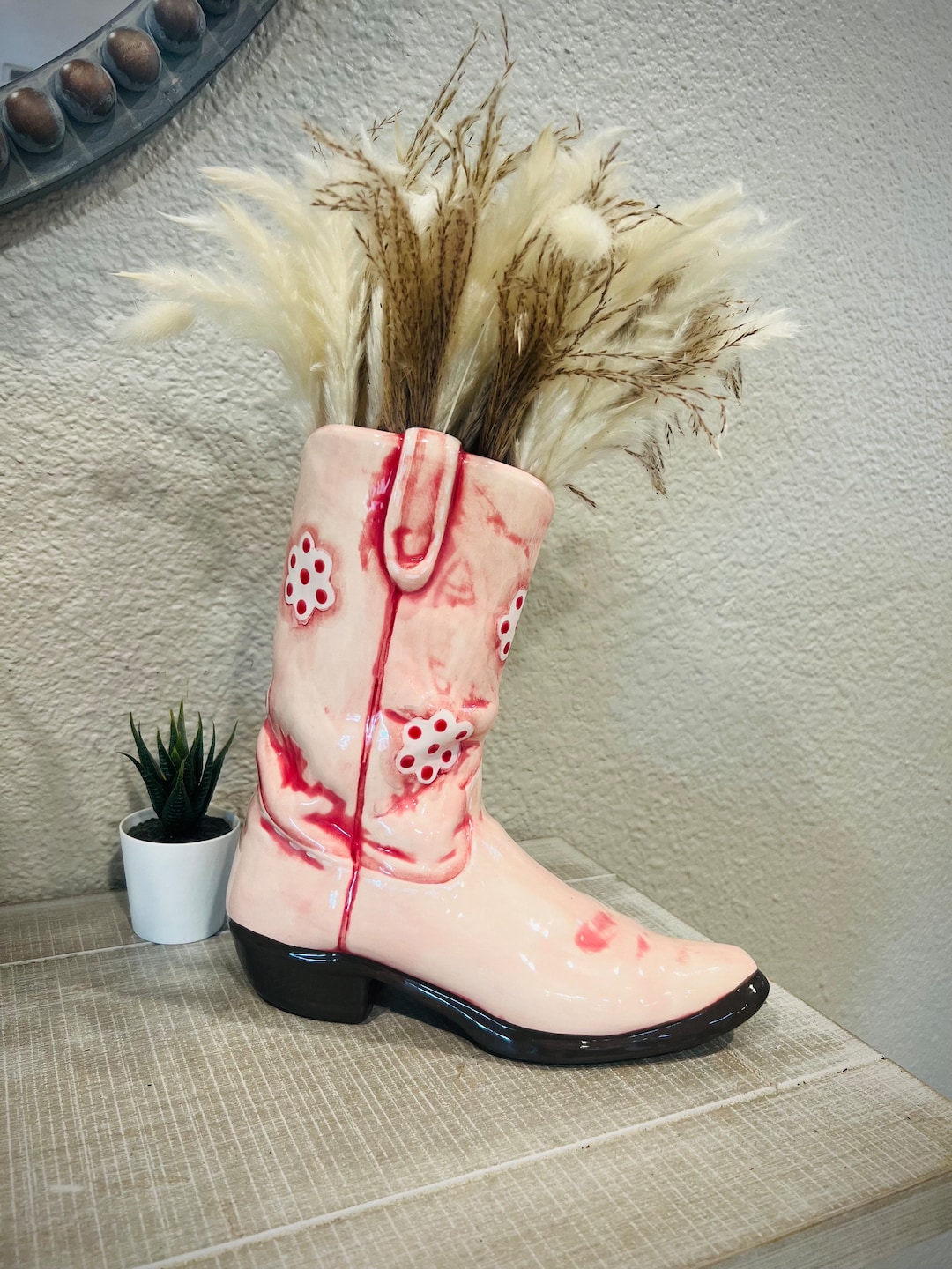 Hand Painted 10.5" Ceramic Cowboy Boot Vase, Boho Decor, Neutral Cowboy ...