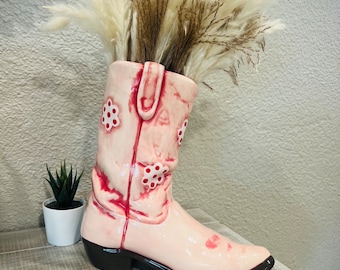 Hand Painted Ceramic Cowboy Boot Vase, Boho Decor, Neutral Cowboy Boot ...