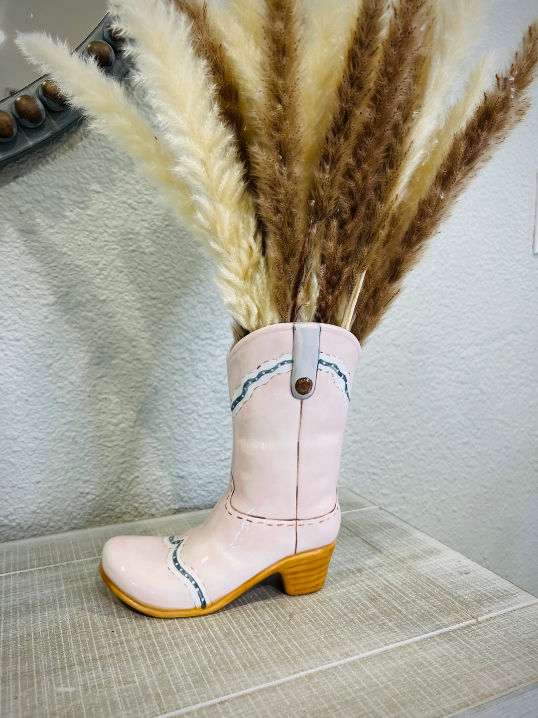 Hand Painted Ceramic Cowboy Boot Vase, Boho Decor, Pink Cowboy Boot ...