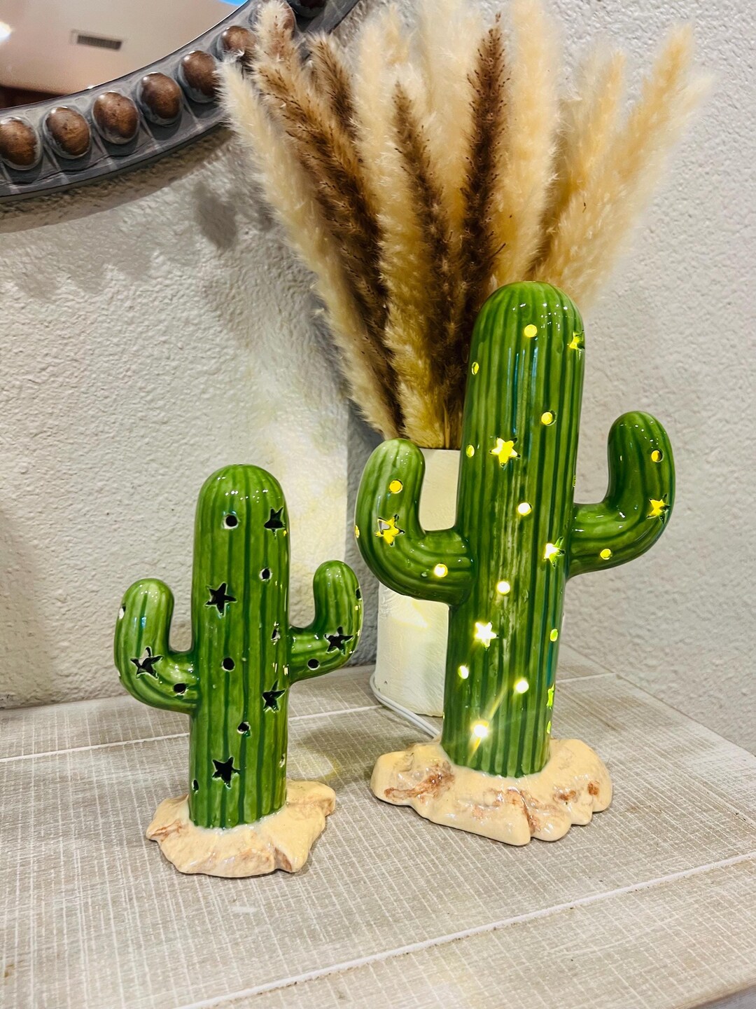 Ceramic Lighted Cactus, Sage Green, Handpainted Boho Decor, Boho Cactus ...