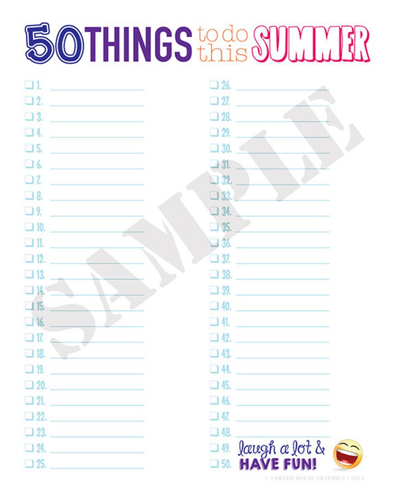 50 Things to Do This Summer List 8x10 Instant Download - Personalize It ...