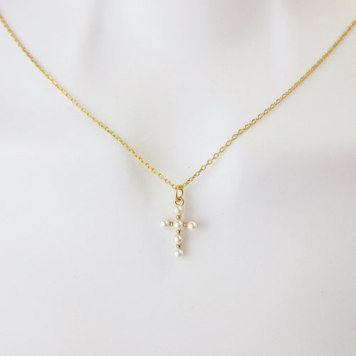 Small Pearl Cross Necklace Dainty Cross Necklace Cute Cross - Etsy