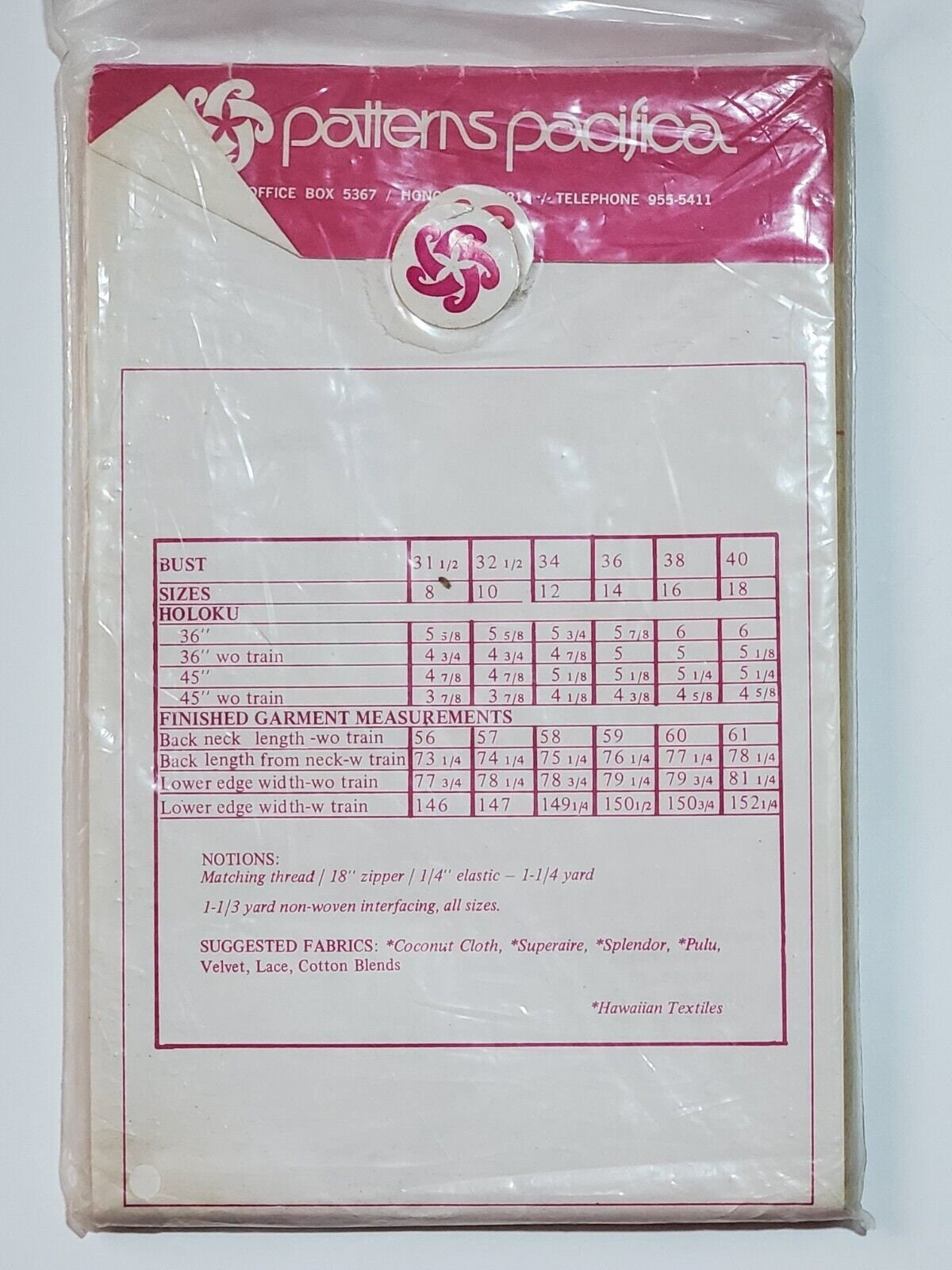 Vintage Patterns Pacifica Sewing Pattern 3019 Sizes 18 Uncut Factory ...