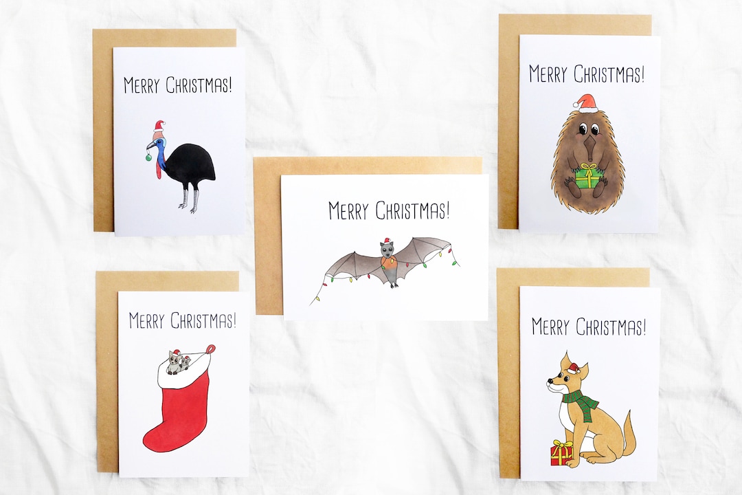 5 Pack Cute Australian Animal Merry Christmas Greeting Card Pack ...
