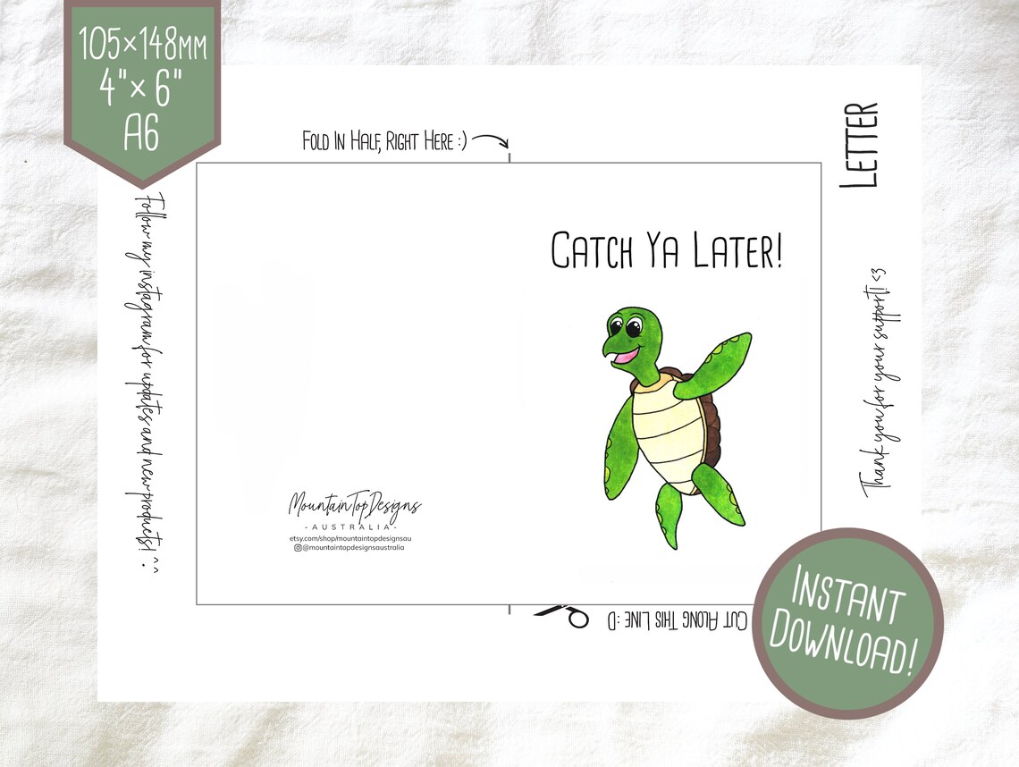 Printable Goodbye Turtle Catch Ya Later Australian Animal Watercolour ...