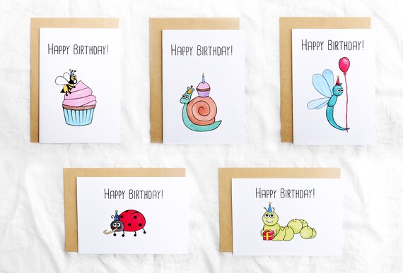 5 Pack Cute Funny Bugs Happy Birthday Cards // Greeting Card - Etsy
