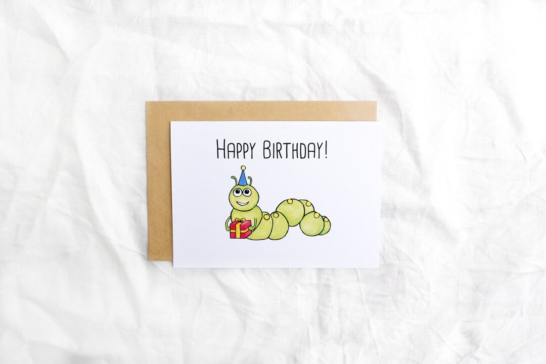 Cute Caterpillar With Present Animal Happy Birthday Card // Bug ...