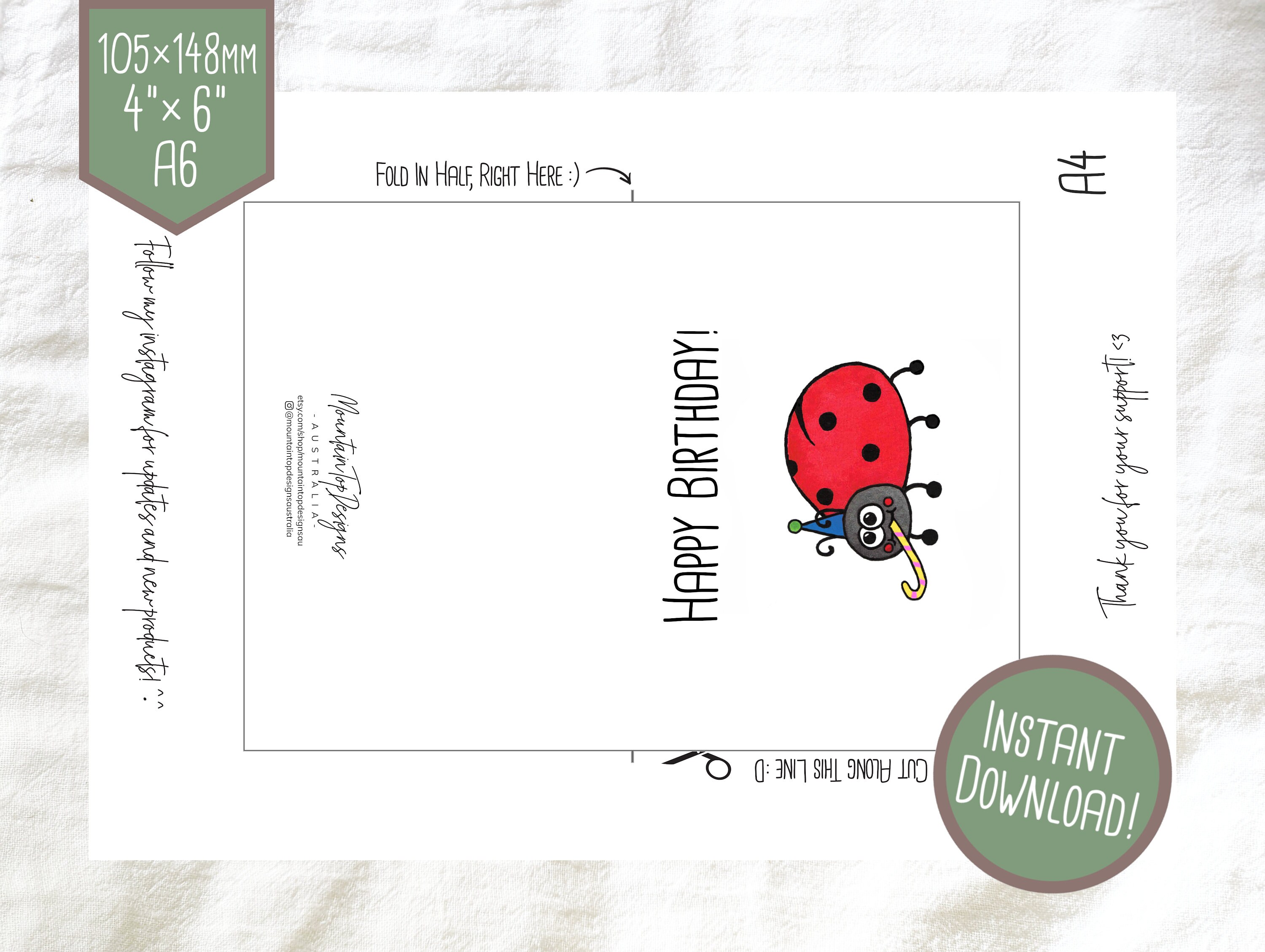 Printable Party Ladybird Cute Ladybug Watercolour Birthday Card ...