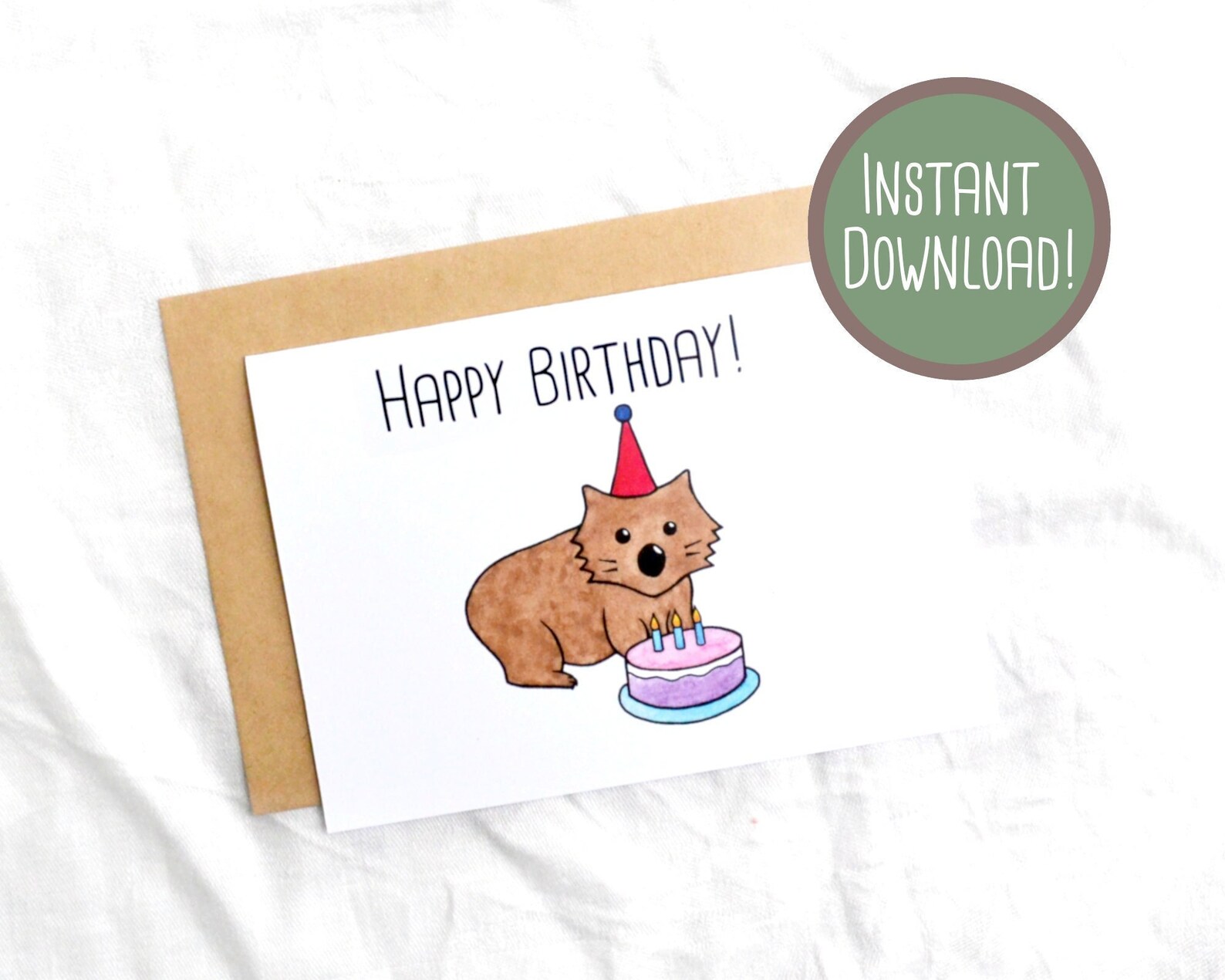 Printable Wombat With Cake Australian Animal Watercolour Birthday Card ...