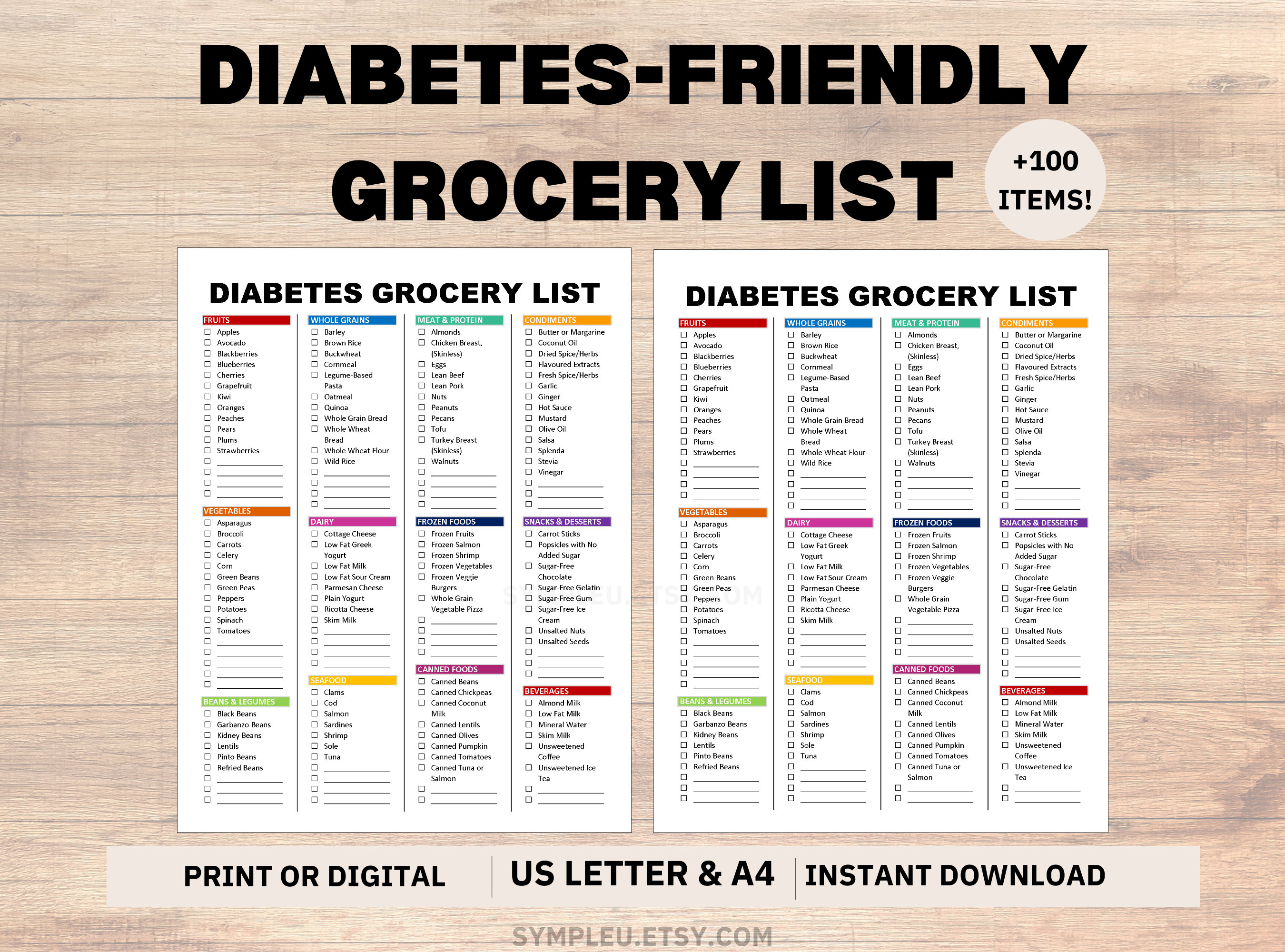 Diabetic Food Grocery List 2PCS Diabetes Food List, Laminated Diabetes