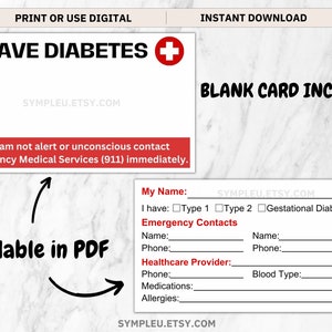 Diabetes Wallet Card, Diabetic Alert Card, Emergency ID Card, Medical ...