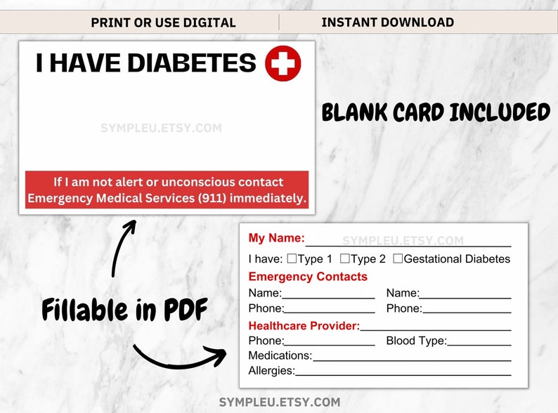 Diabetes Wallet Card, Diabetic Alert Card, Emergency ID Card, Medical ...
