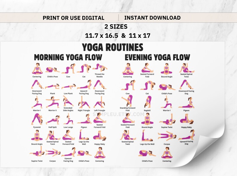 Morning and Evening Yoga Routine, Yoga Poster, Yoga Poses Art Print ...
