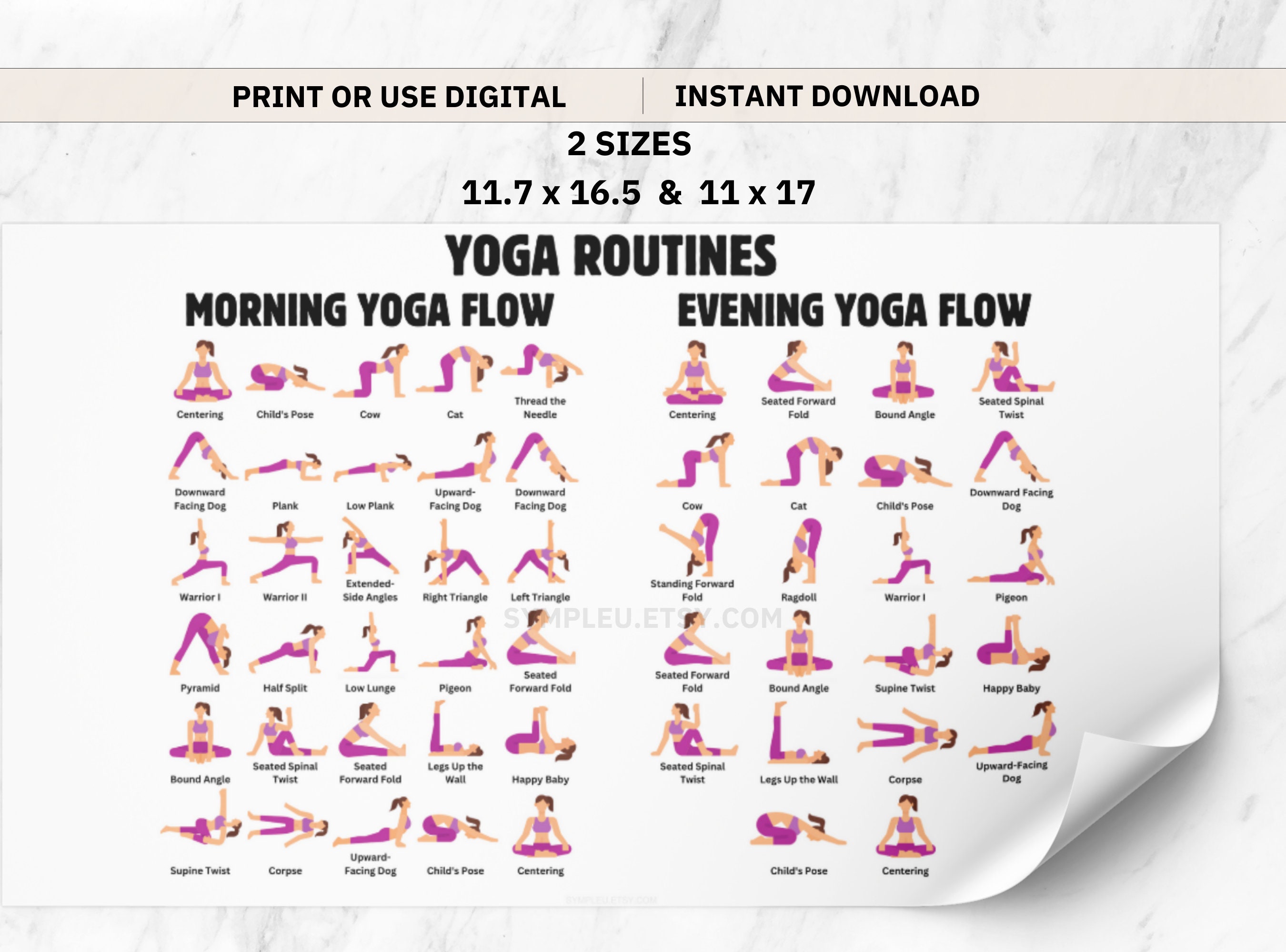 Morning and Evening Yoga Routine, Yoga Poster, Yoga Poses Art Print ...