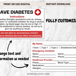 Diabetes Wallet Card, Diabetic Alert Card, Emergency ID Card, Medical ...