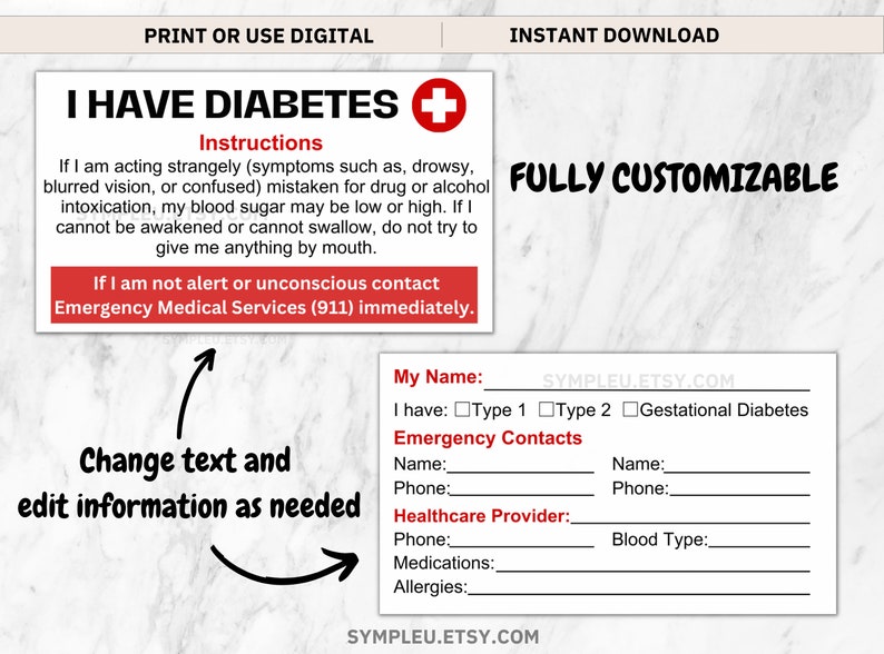 Diabetes Wallet Card, Diabetic Alert Card, Emergency ID Card, Medical ...
