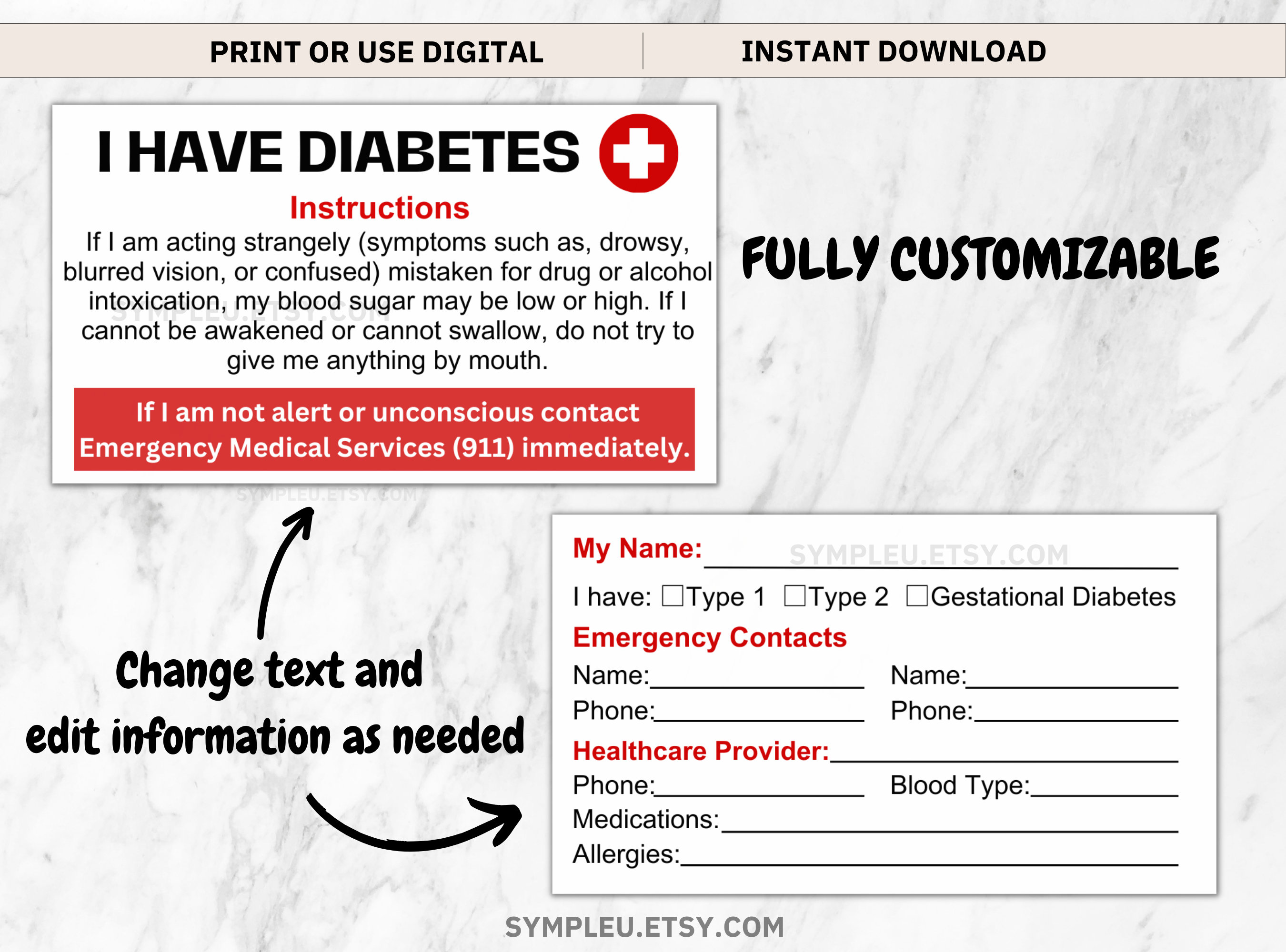 Diabetes Wallet Card Diabetic Alert Card Emergency Id Card Medical Id Card Diabetic Wallet