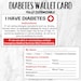 Diabetes Wallet Card, Diabetic Alert Card, Emergency ID Card, Medical ...