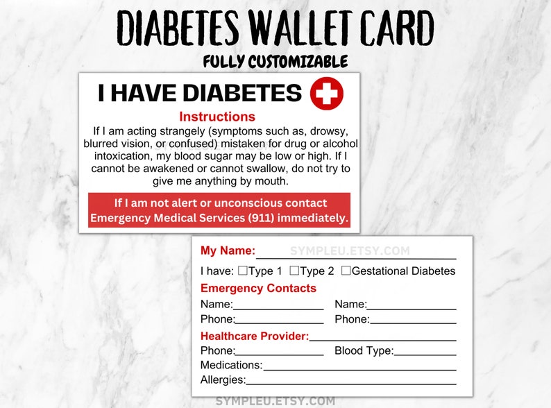 Diabetes Wallet Card, Diabetic Alert Card, Emergency ID Card, Medical ...