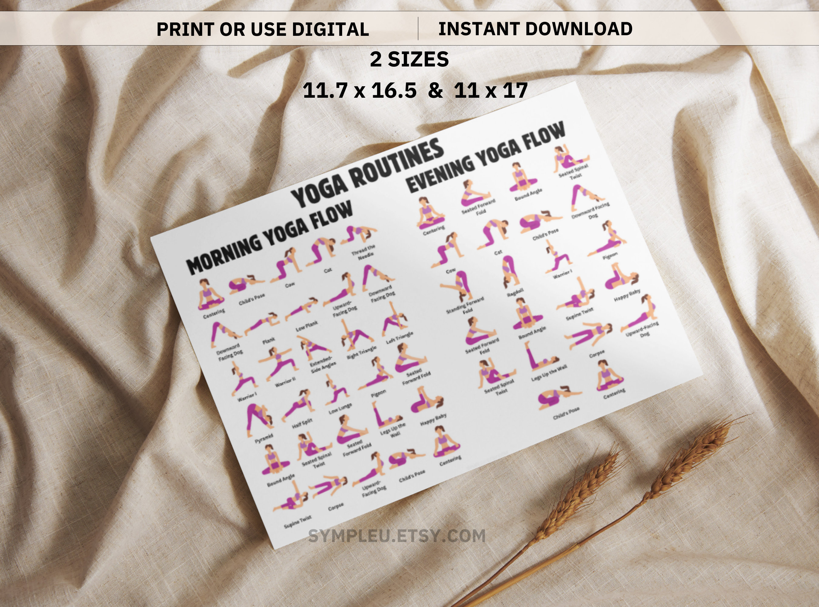 Morning and Evening Yoga Routine, Yoga Poster, Yoga Poses Art Print ...