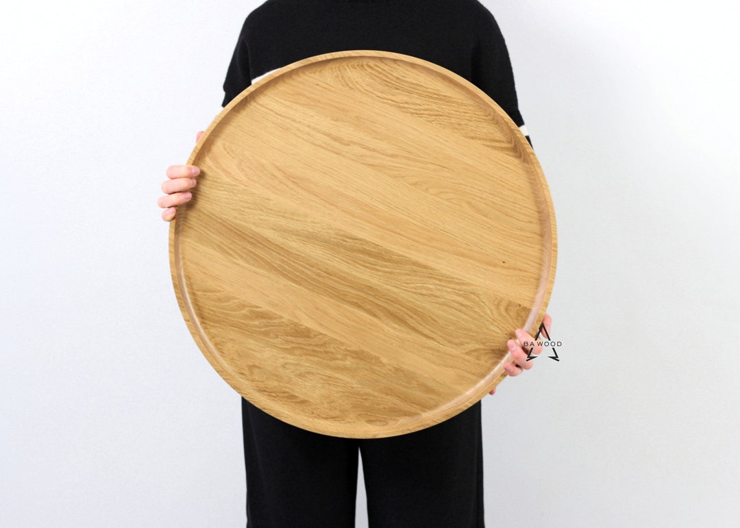 Round Wooden Serving Tray. Oak Wood Ottoman Circle Platter for Coffee ...