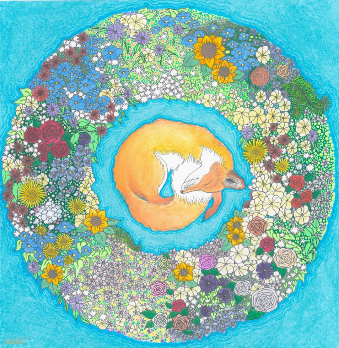 Spring Fox - Watercolour and Ink Fine Drawing Animal & Flower Painting ...