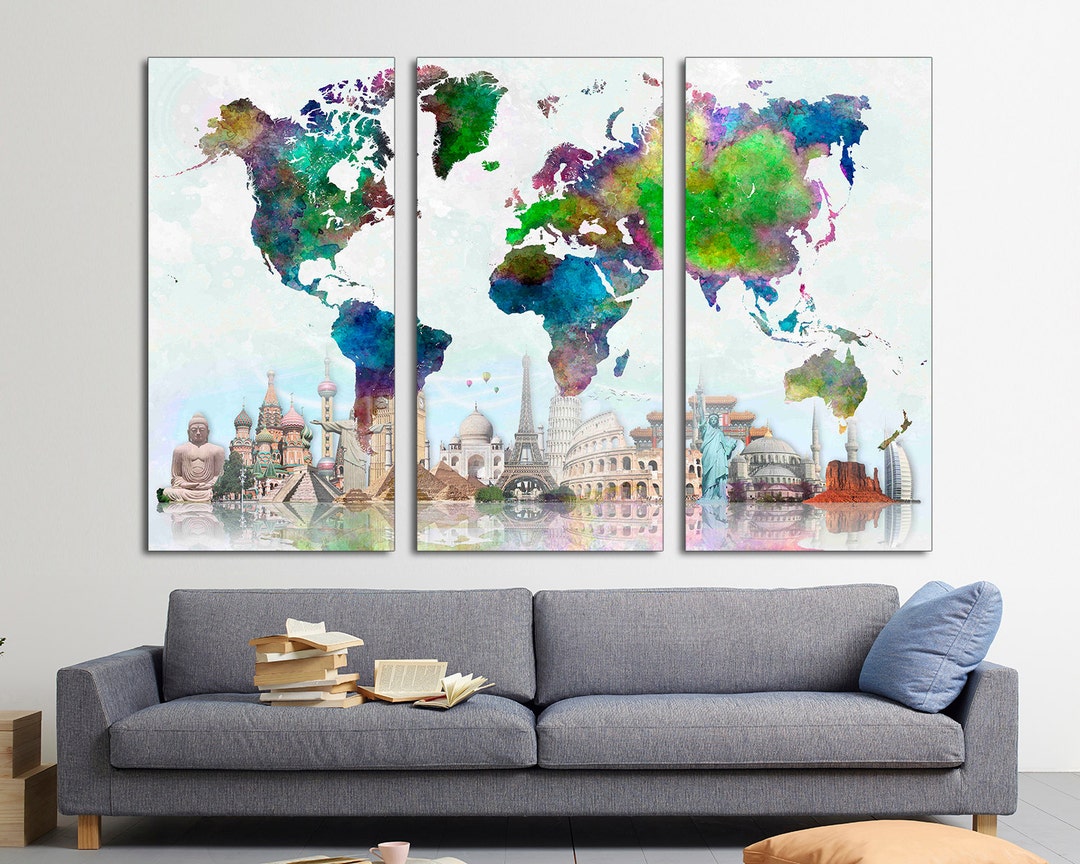 3 Panel World Map Canvas Art Print, World Wonders, Ready to Hang - Etsy