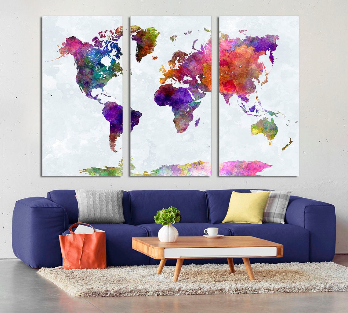 3 Panel Split Abstract World Map Canvas Print1.5 deep | Etsy