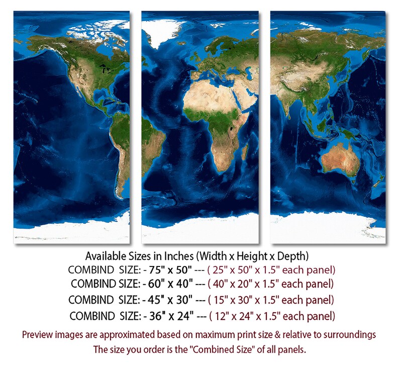 3 Panel Split World Map From Space Canvas Print1.5 - Etsy