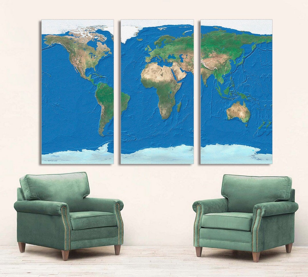3 Panel Split World Map Canvas Print. Digitally Bubble Texture Given 1. ...