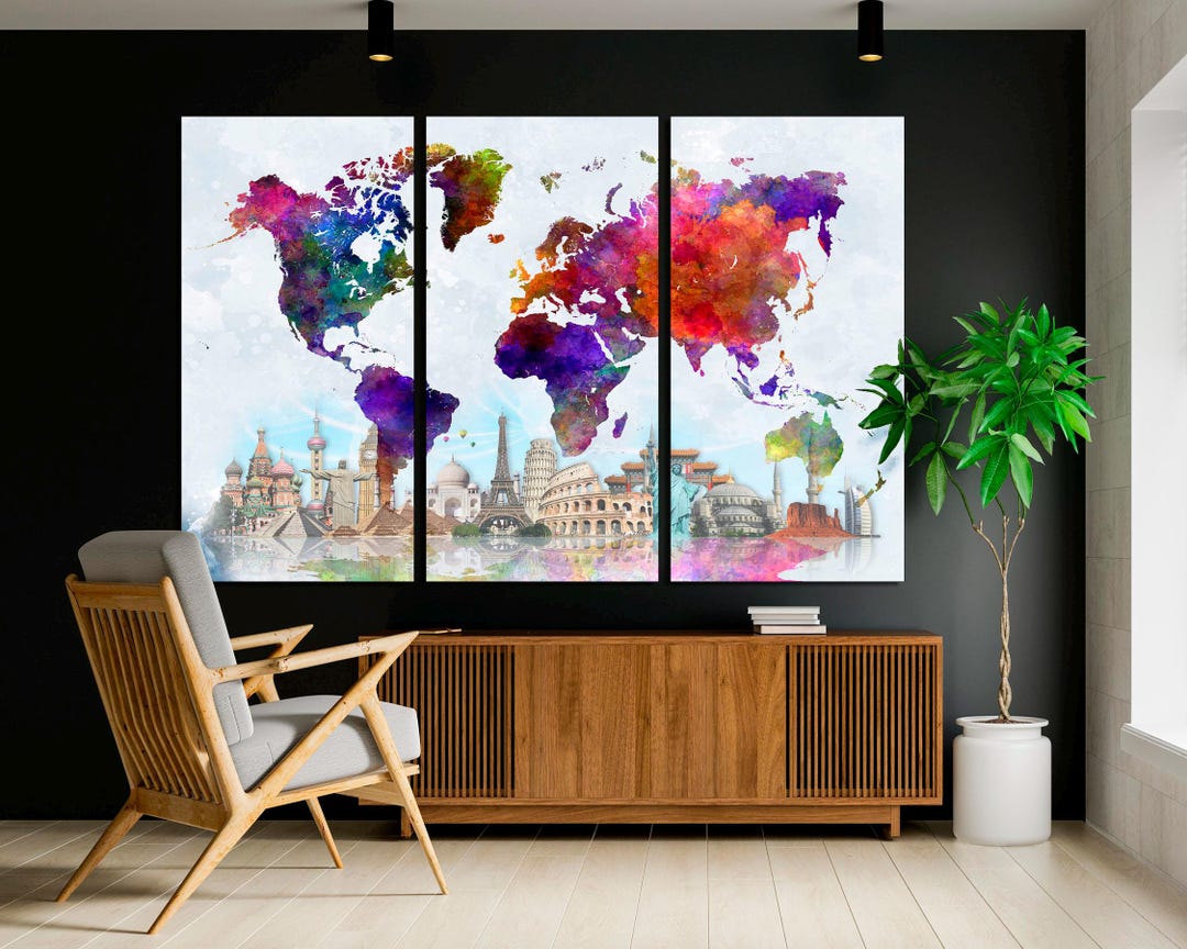 3-panel Split Canvas, Modern Map of World Wonders, Abstract World Map ...
