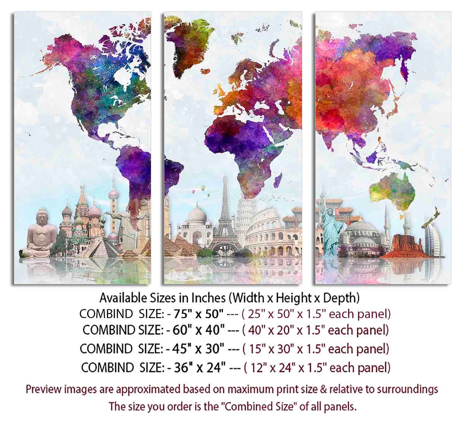 3 Panel Split Abstract World Map Canvas Print,1.5" Deep Frames,triptych ...