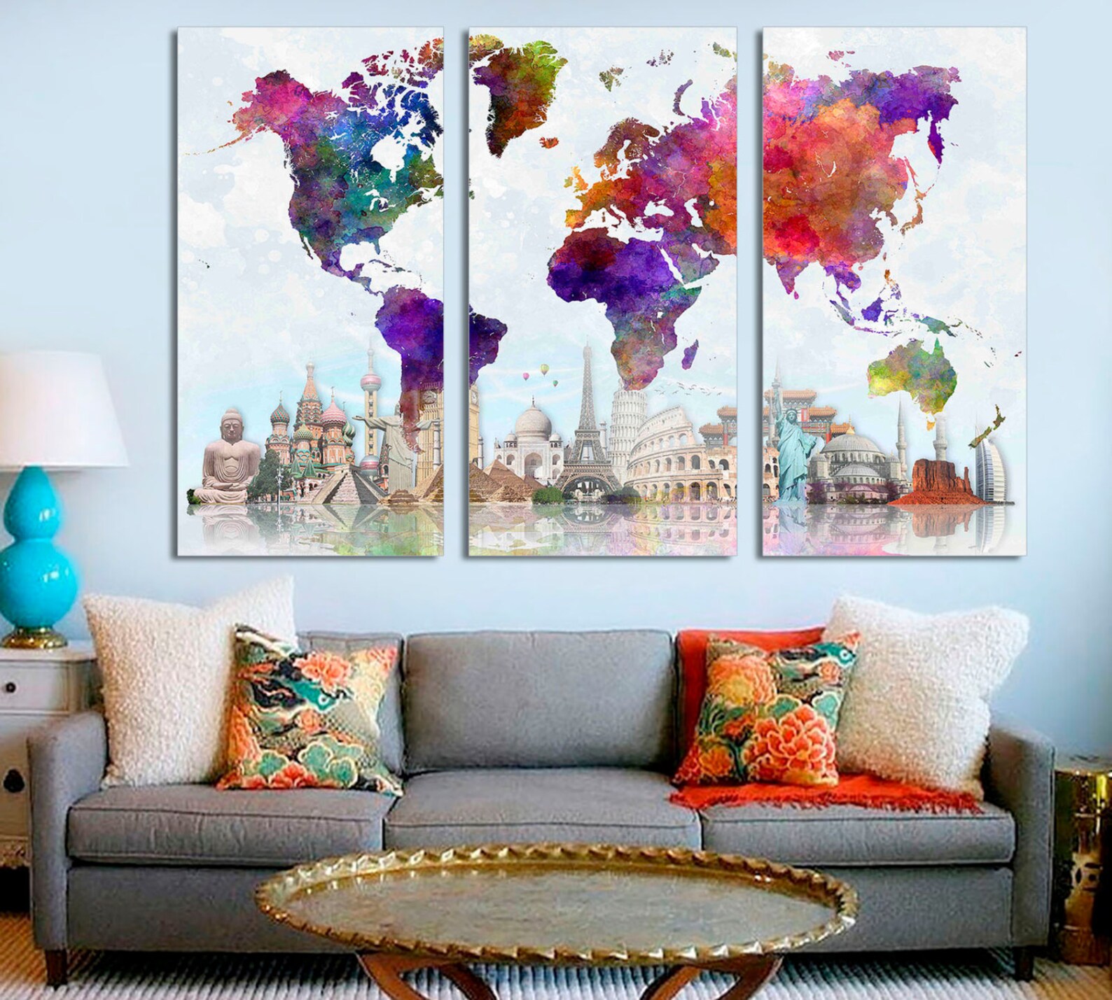 3 Panel Split Abstract World Map Canvas Print,1.5" Deep Frames,triptych ...