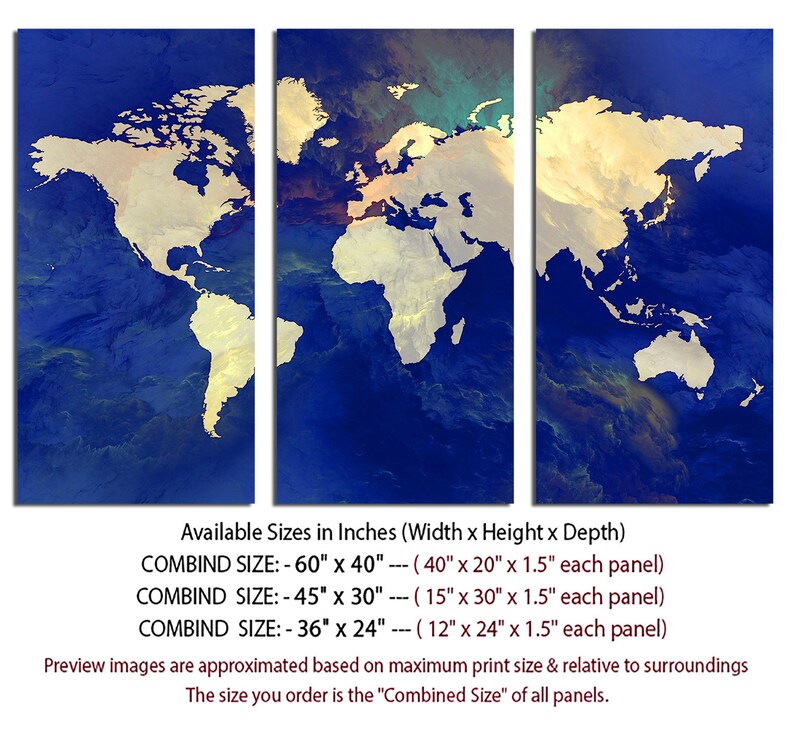3 Panel Split Abstract World Map Canvas Print,1.5" Deep Frames,triptych ...