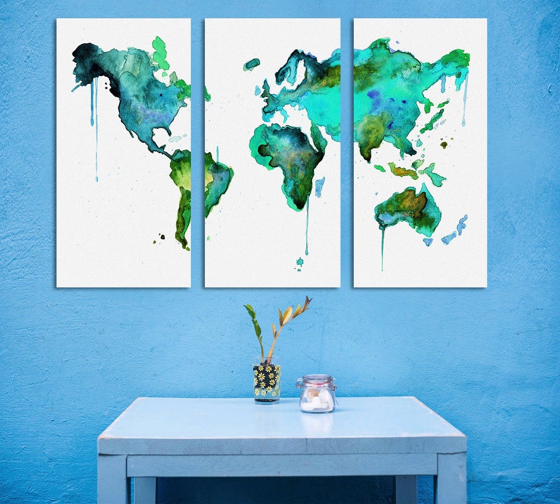 3 Panel Split Abstract World Map Canvas Print1.5 Deep - Etsy