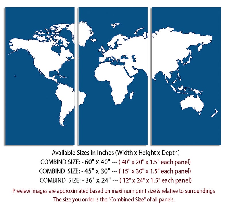 3 Panel Split Abstract World Map Canvas Print1.5 Deep | Etsy