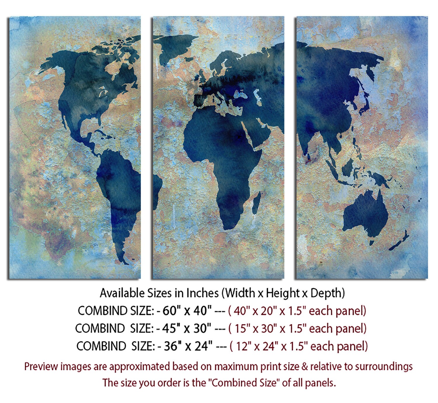 3 Panel Split Abstract World Map Canvas Print1.5 Deep - Etsy