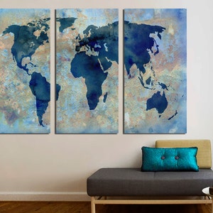3 Panel Split Abstract World Map Canvas Print,1.5 Deep Frames,triptych ...