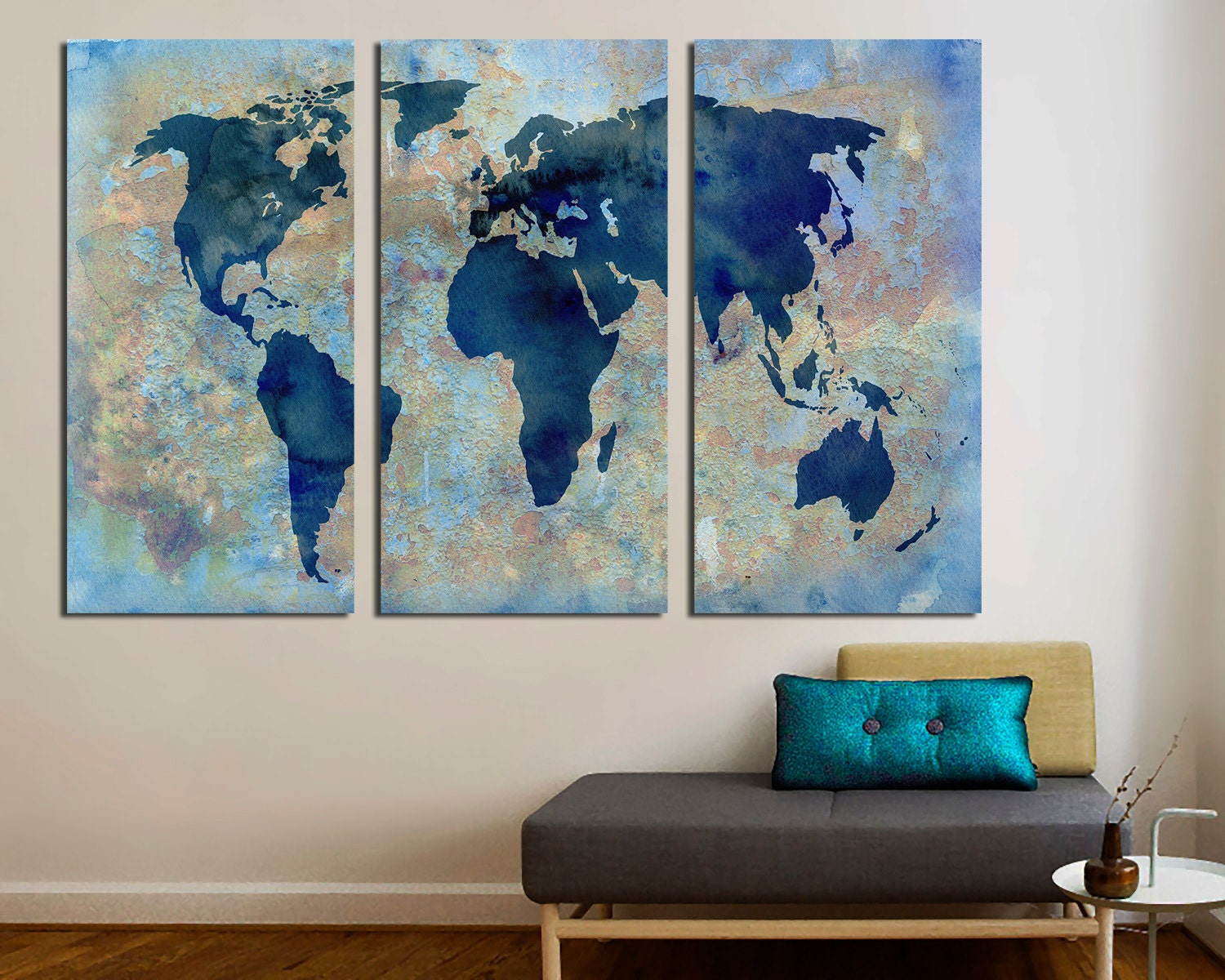 3 Panel Split Abstract World Map Canvas Print1.5 deep | Etsy