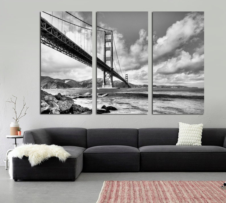 SF Golden Gate Bridge 3 Panel Split Canvas Triptych B&W | Etsy