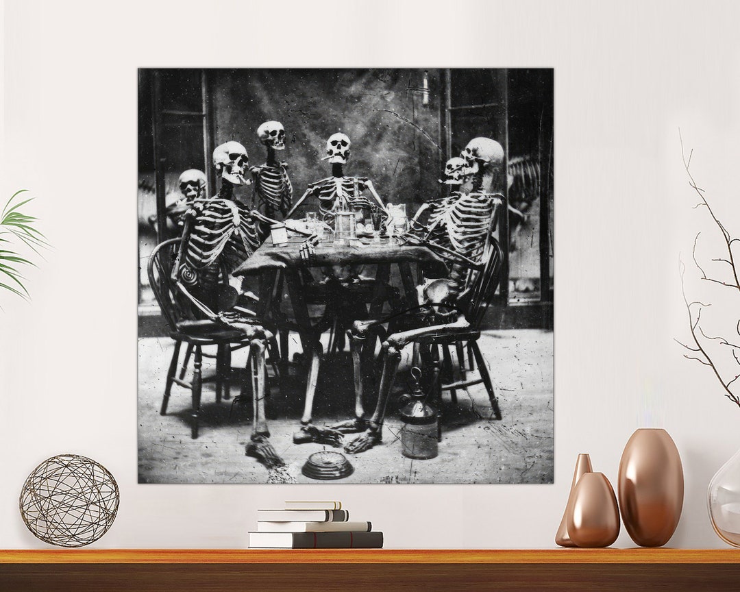 Skeletons Dinner Party Canvas Wall Art, Vintage Smoking Drinking Art ...