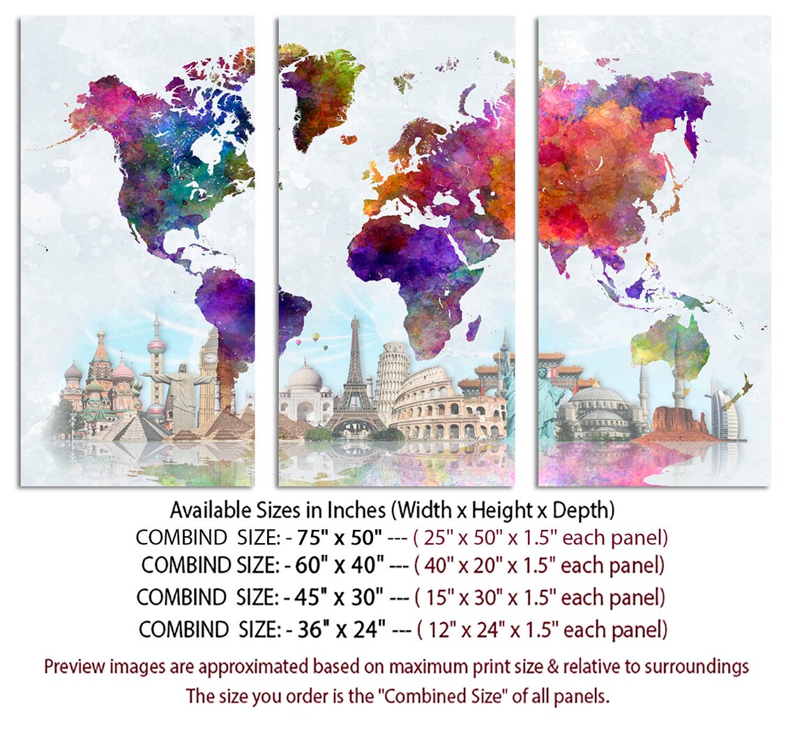 3 Panel Split Abstract World Map Canvas Print1.5 Deep | Etsy