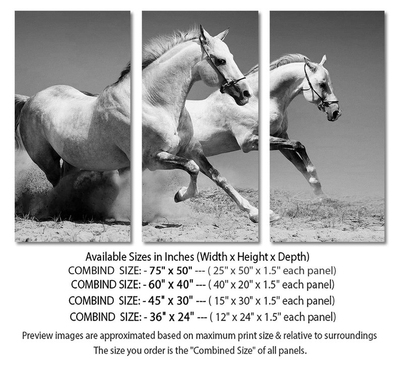 3 Panel Split triptych Canvas Print of Horses Running in - Etsy