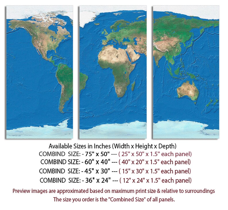 3 Panel Split World Map Canvas Print. Digitally Bubble Texture - Etsy